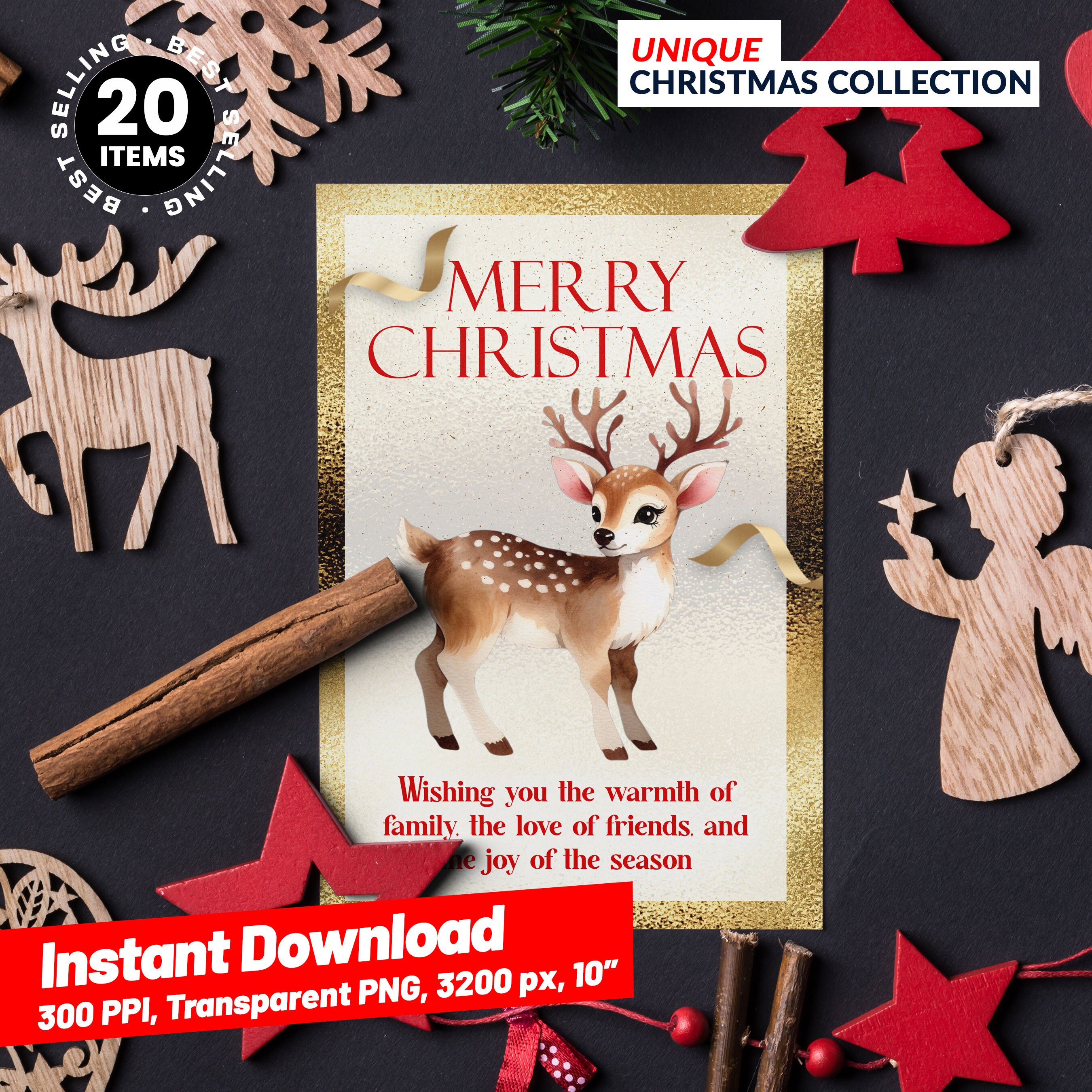 Cute Christmas Santa Reindeer Clipart Pack, 20 PNG, Xmas Watercolor ...