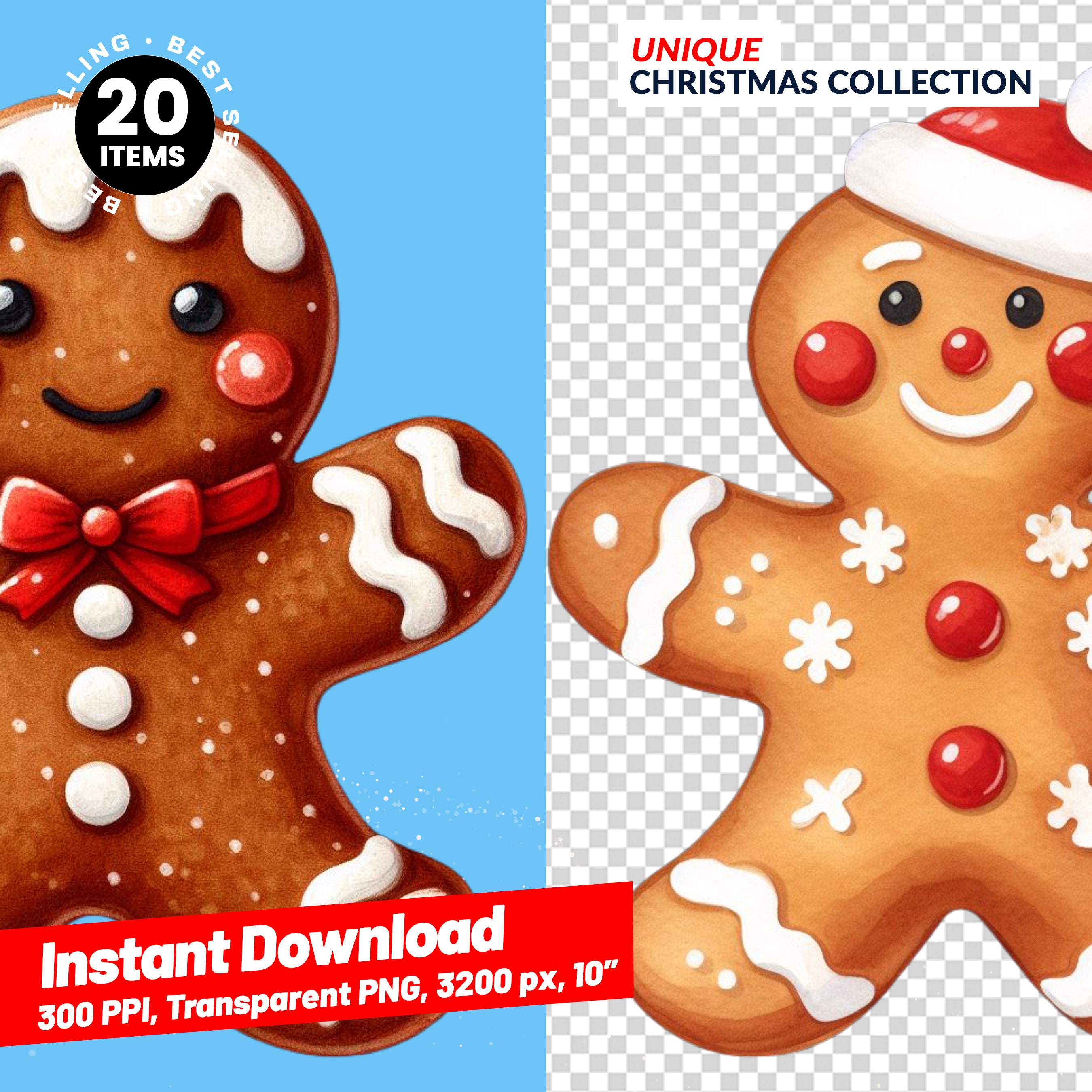 20 Cute Christmas Gingerbread Man Watercolor Clipart PNG, Xmas Clipart ...
