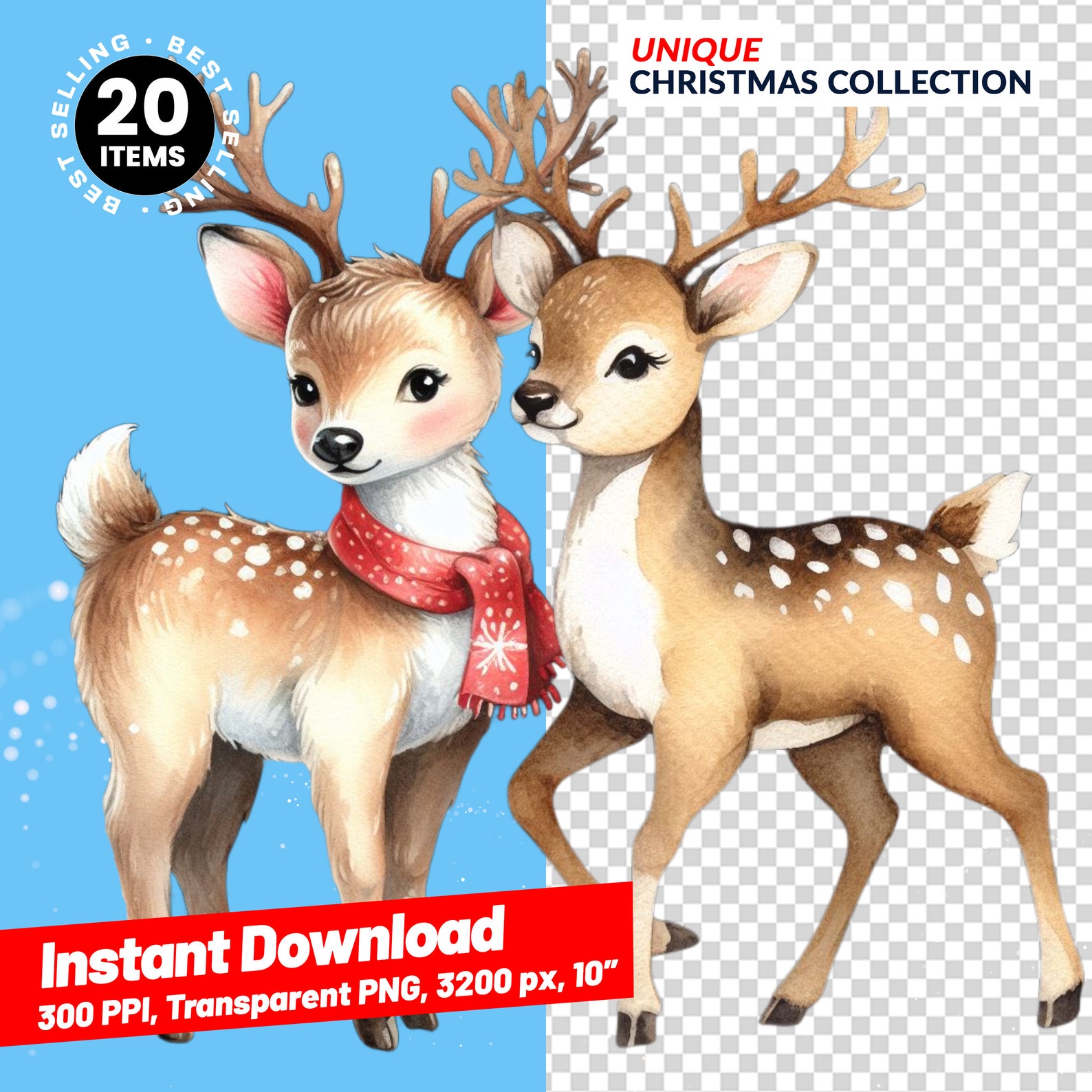 Cute Christmas Santa Reindeer Clipart Pack, 20 PNG, Xmas Watercolor ...