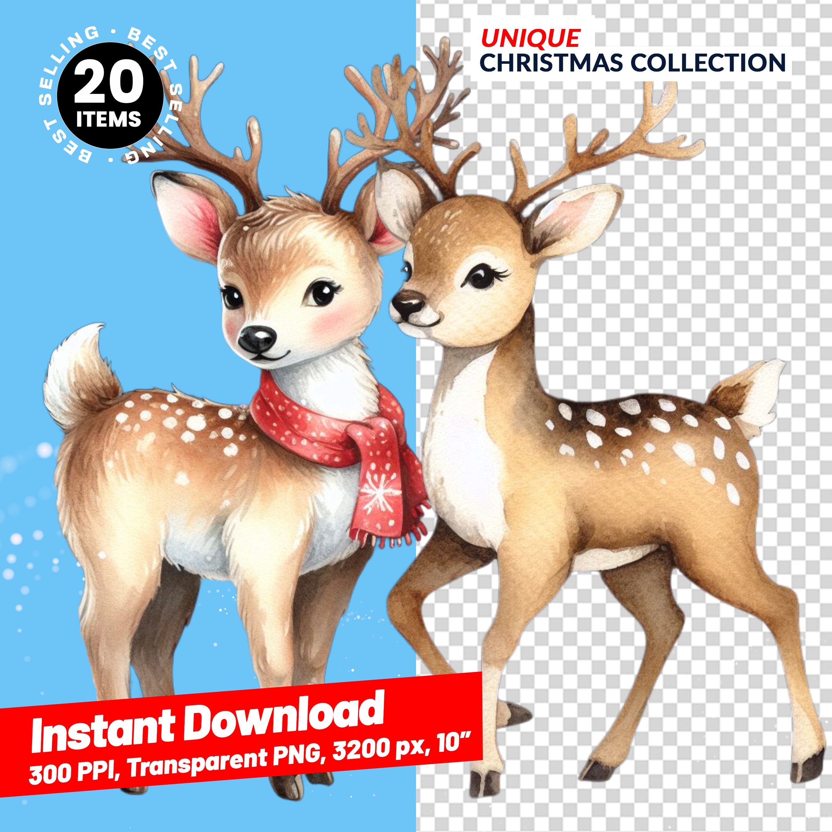 Cute Christmas Santa Reindeer Clipart Pack, 20 PNG, Xmas Watercolor ...
