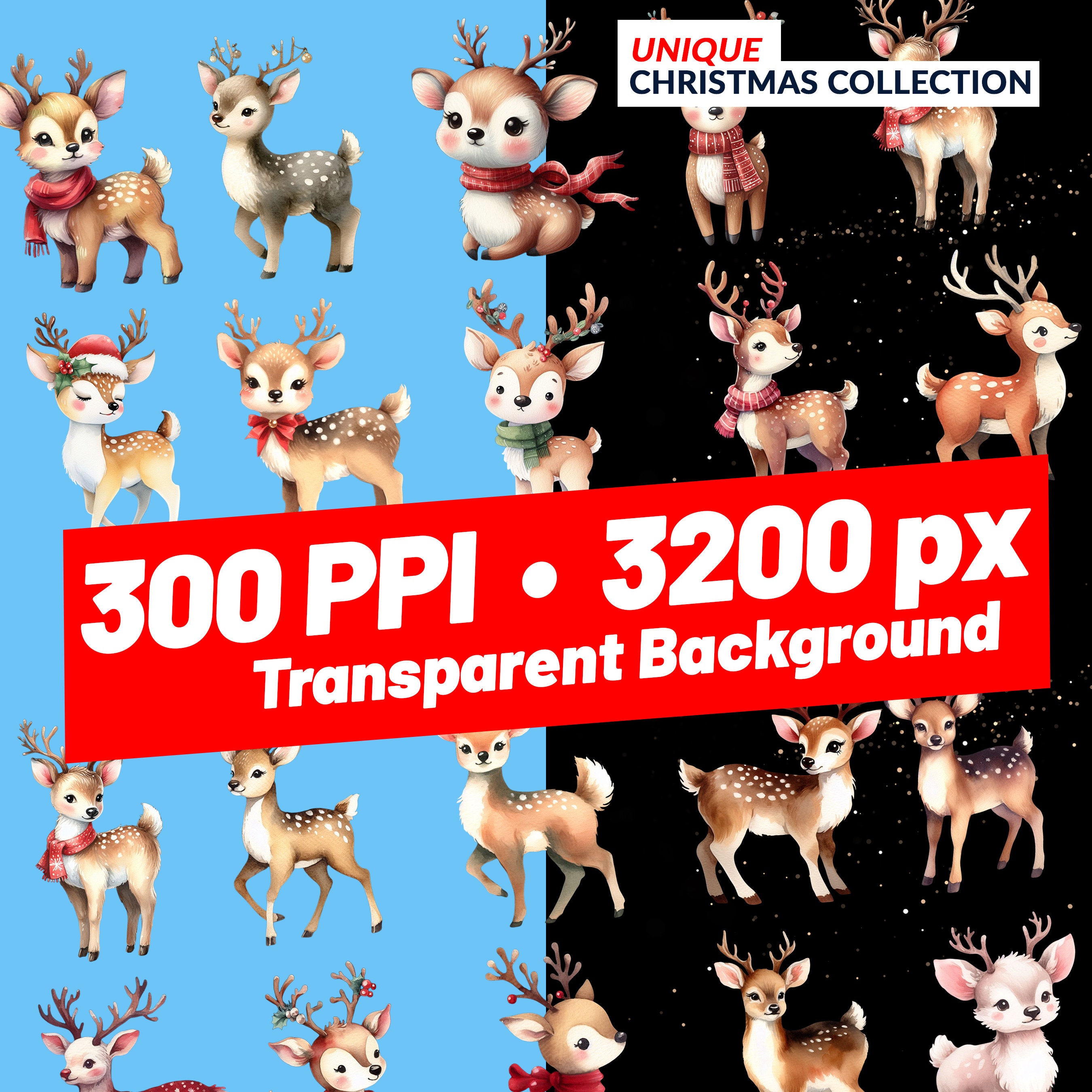 Cute Christmas Santa Reindeer Clipart Pack, 20 PNG, Xmas Watercolor ...