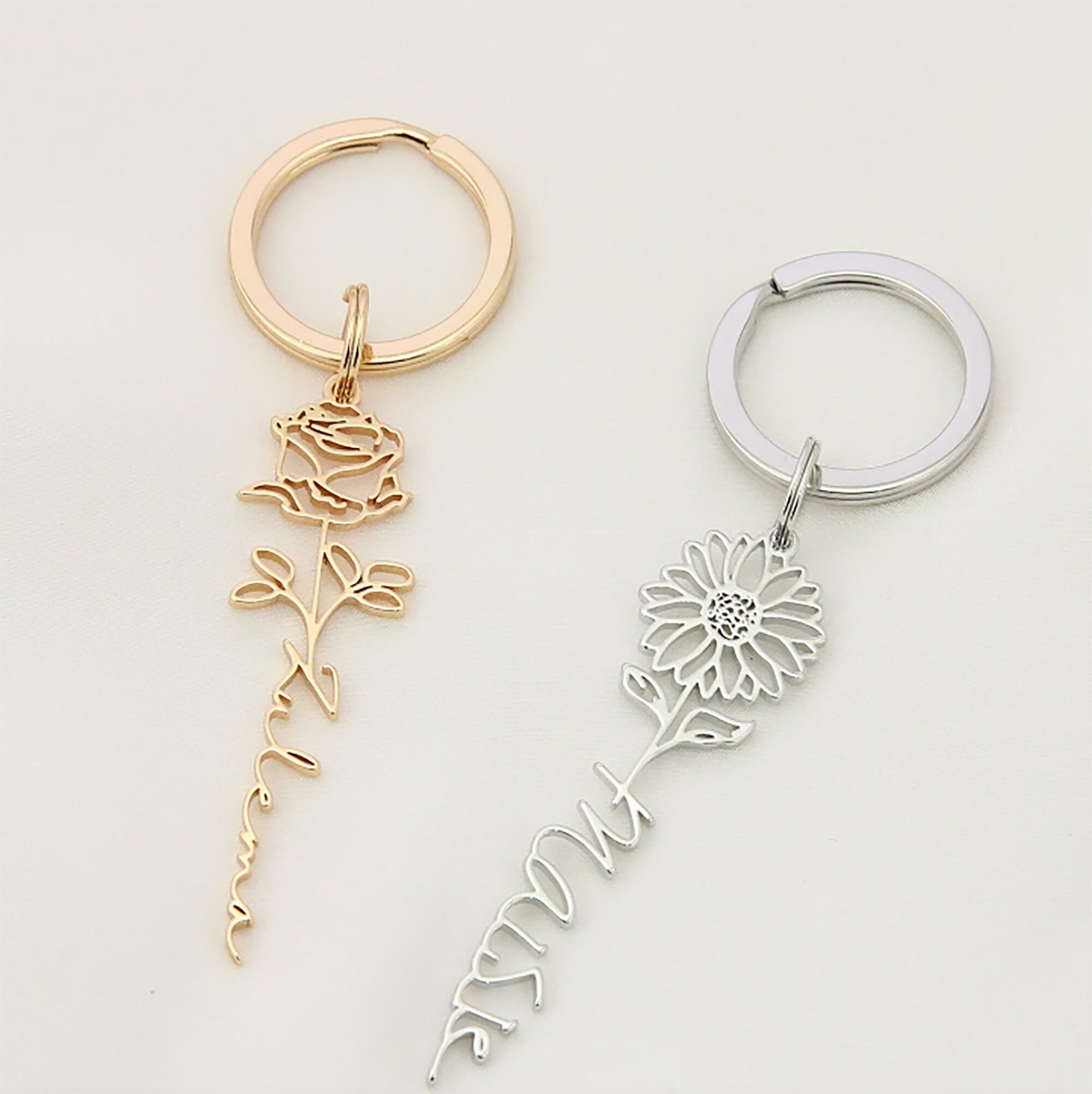 Custom Name Birth Flower Keychain,dainty Personalized Keyring,christmas ...