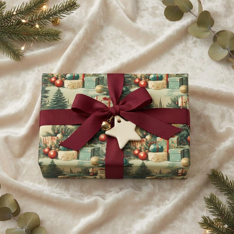Vintage Christmas Wrapping Paper Holiday Gift Wrap 1940s Retro Pine ...