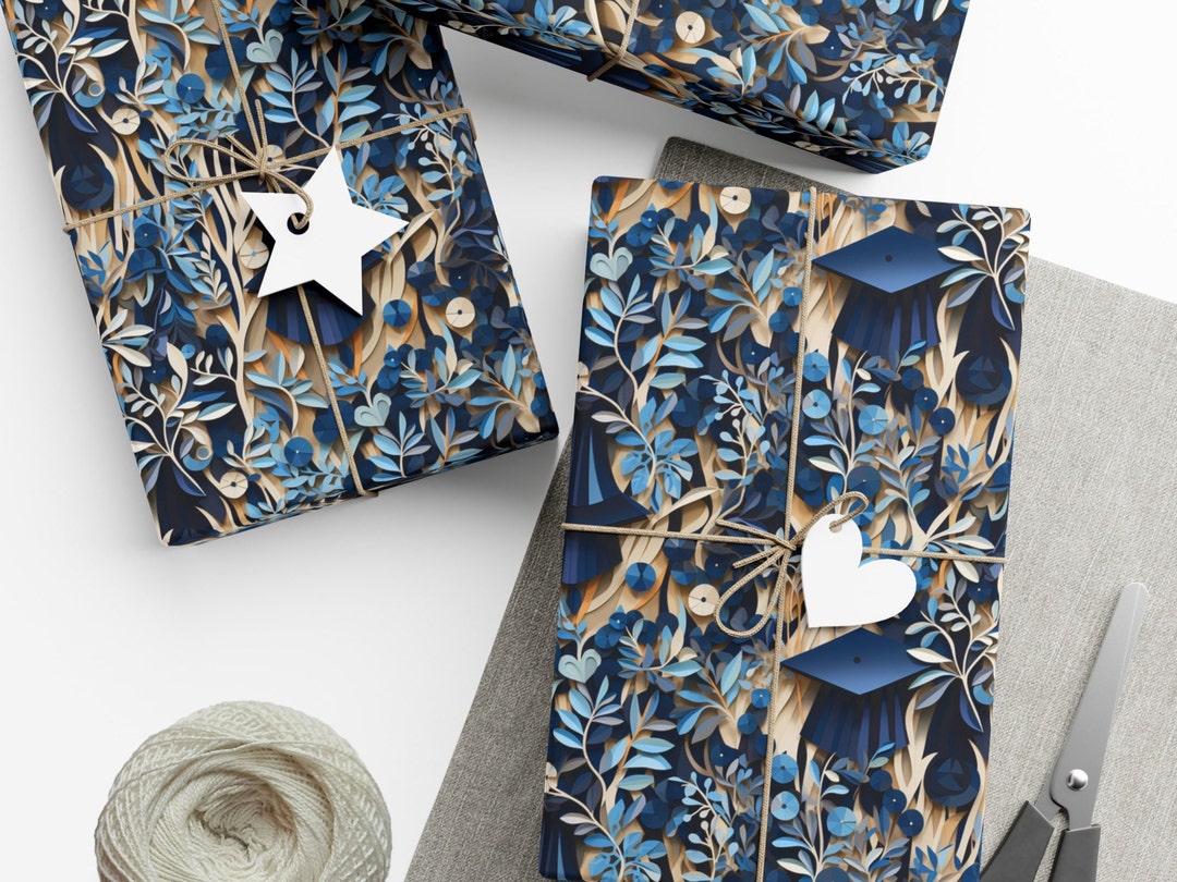 Graduation Cap Wrapping Paper Blue Celebration Floral Gift Wrap High ...