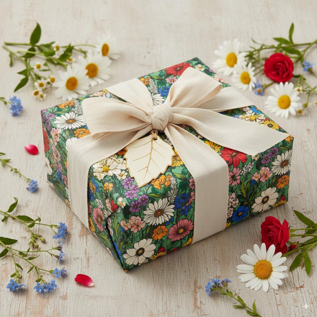 Wildflower Wrapping Paper: Green Floral Gift Wrap, Retro Flower Pattern ...