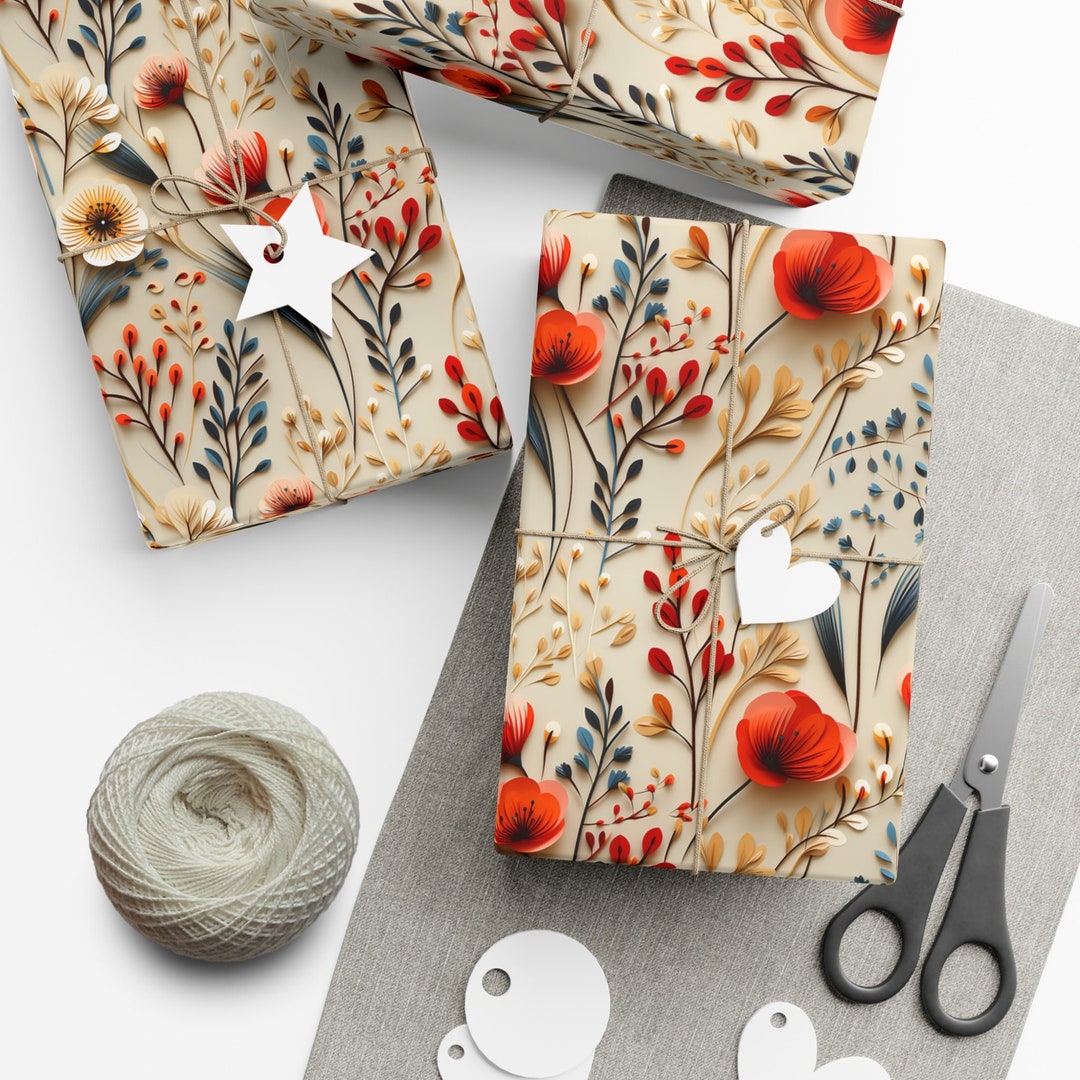 Boho Flower Gift Wrapping Paper Beige Floral Vibrant Orange Tan Trendy ...