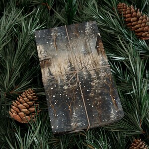 Winter Cabin Wrapping Paper Snow Forest Blue Gift Wrap Christmas ...