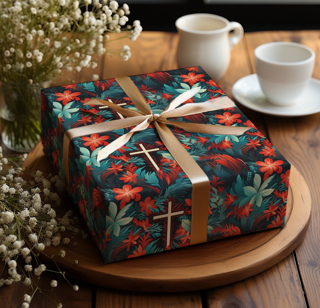 Cross Wrapping Paper Easter Gift Wrap Teal and Orange White Cross Gift ...