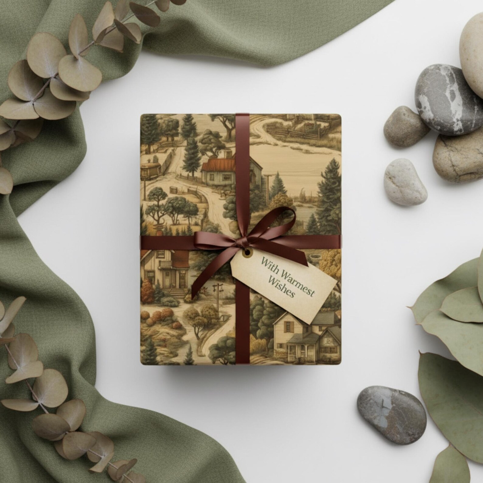 Rustic Countryside Wrapping Paper: Vintage Homestead Landscape Gift ...