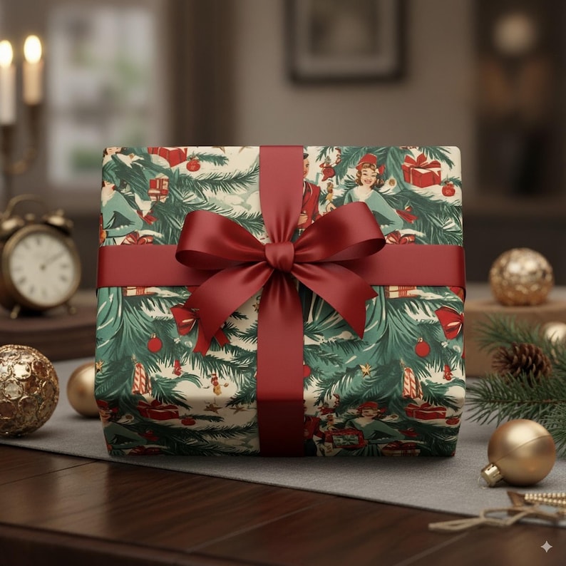 Vintage Christmas Wrapping Paper 1940s Holiday Gift Wrap Retro Paper ...