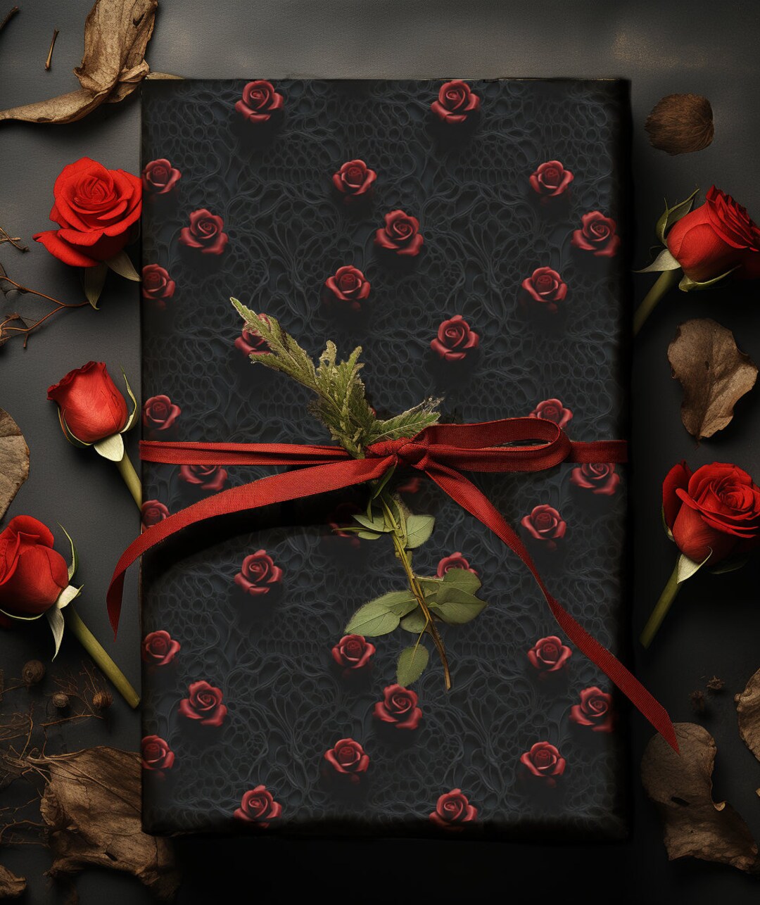 Romantic Red Rose Wrapping Paper Black Lace Design Feminine Gift Wrap ...