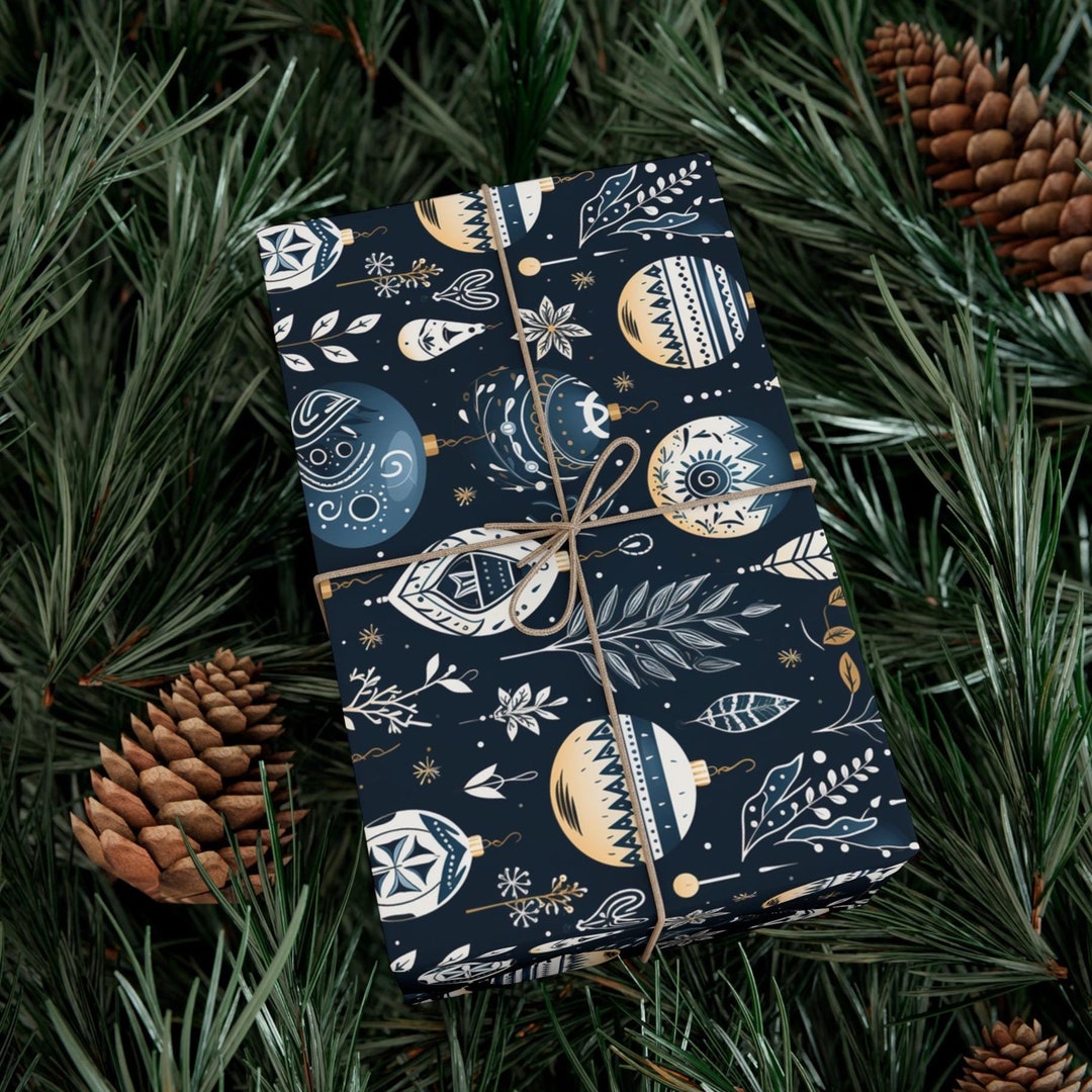 Navy Christmas Wrapping Paper Blue White Gift Wrap Ornament Paper ...