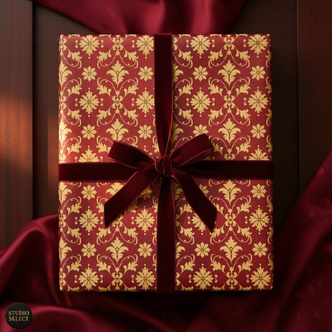 Damask Christmas Wrapping Paper, Red & Gold Elegant Baroque Pattern ...