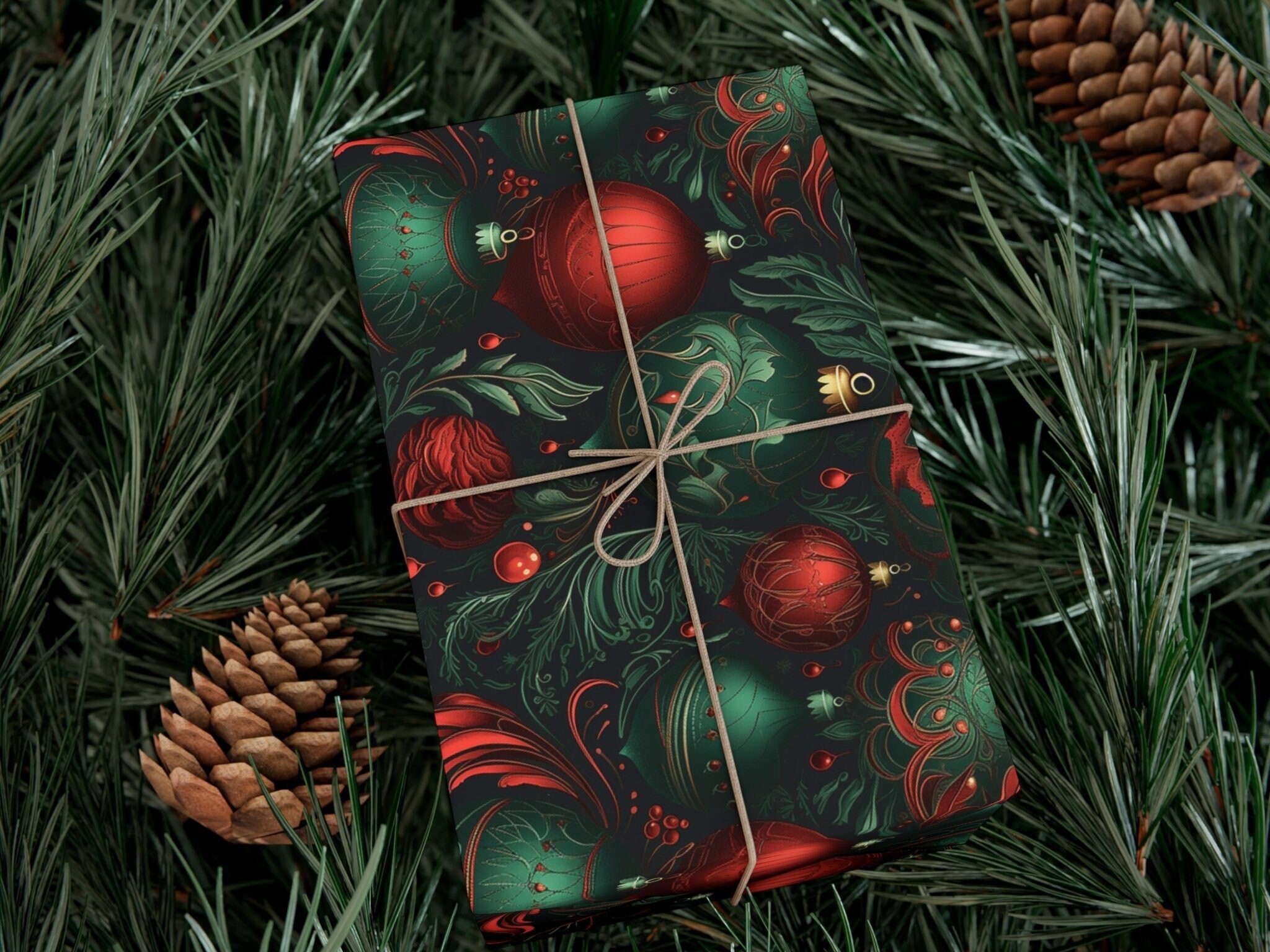 Elegant Christmas Wrapping Paper Dark Festive Ornament Forest Green ...
