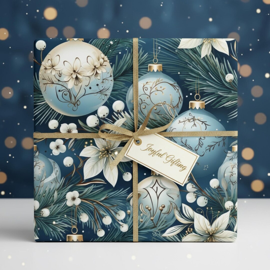 Blue Christmas Wrapping Paper: Elegant Floral Ornaments Gift Wrap - Etsy
