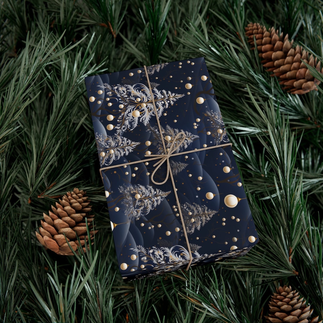 Navy Christmas Gift Wrap Festive Winter Trees Xmas Gift Wrapping Paper ...