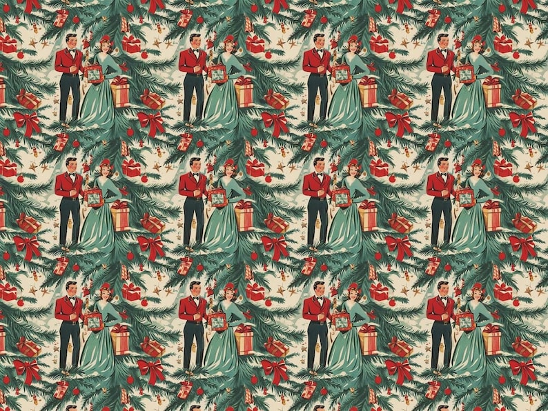 Vintage Christmas Wrapping Paper 1940s Holiday Gift Wrap Retro Paper ...
