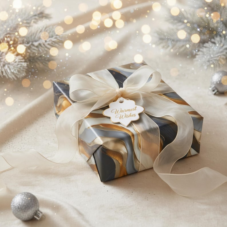 Gold White Silver Abstract Wrapping Paper: Modern Fluid Waves Black ...