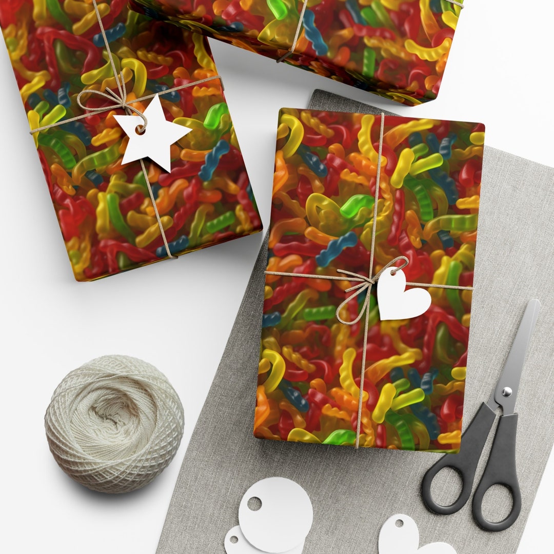 Deliciously Colorful Gummy Worm Wrapping Paper Vibrant Red Yellow Blue ...