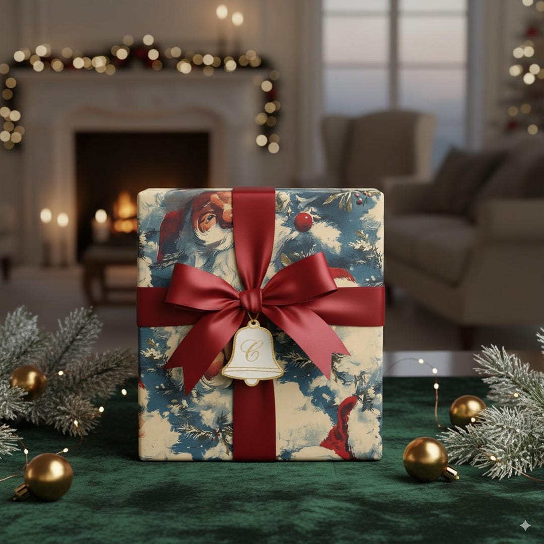 Vintage Santa Wrapping Paper Christmas Gift Wrap Cheerful Old St Nick ...