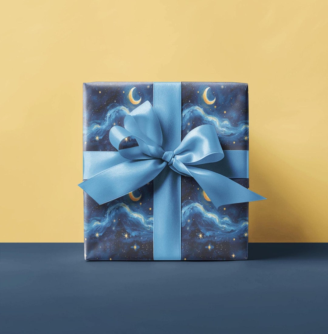 Night Sky Wrapping Paper Space Astronomy Gift Wrap Blue Moon and Stars ...