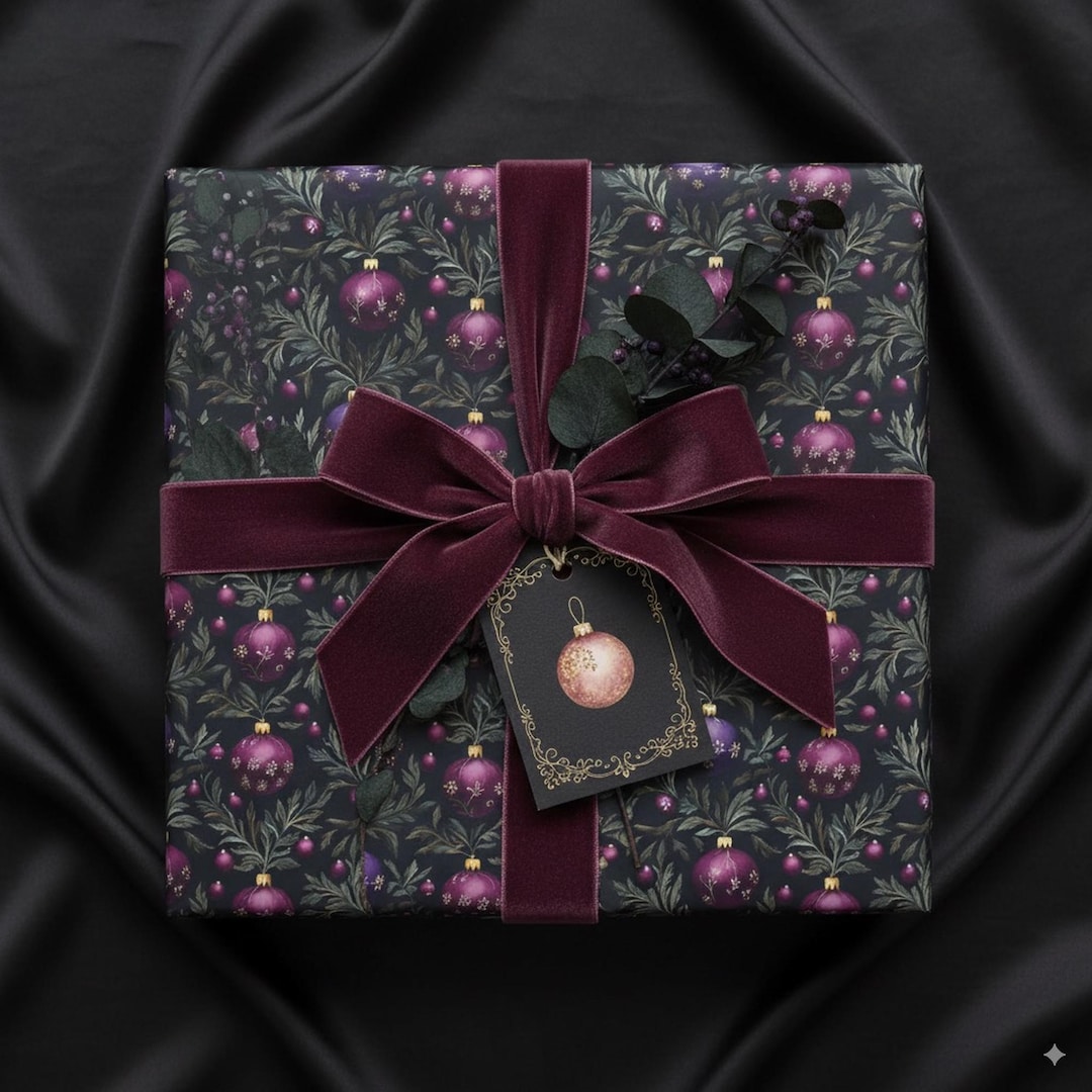 Purple Ornament Wrapping Paper Dark Holiday Gift Wrap Christmas Paper ...