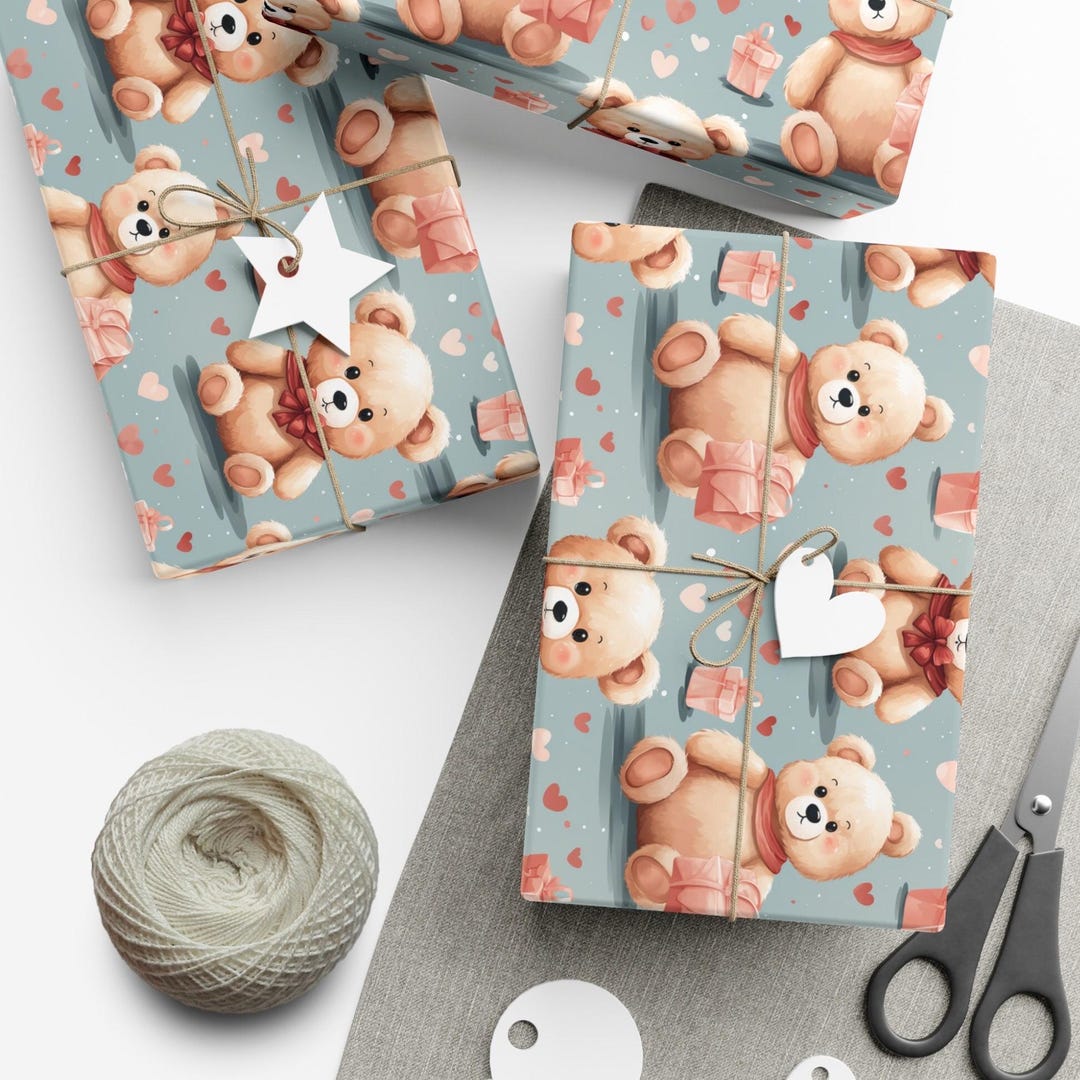 Teddy Bear Wrapping Paper Baby Shower Gift Wrap Bear Paper Pastel Cute ...