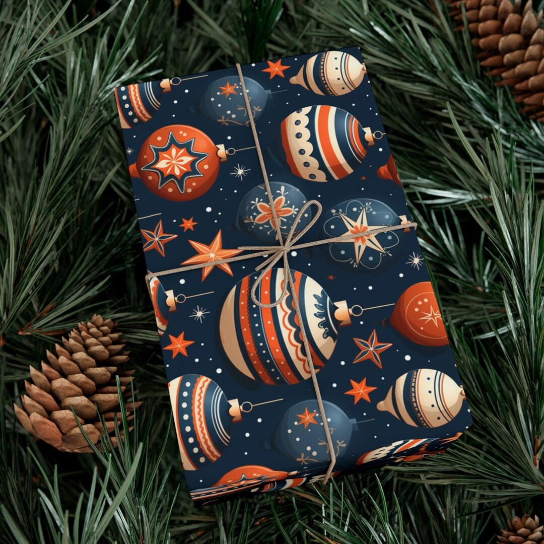 Navy and Orange Christmas Wrapping Paper Blue Festive Ornaments Gift ...