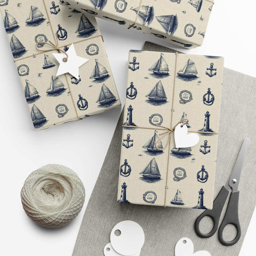 Nautical Maritime Wrapping Paper Sailboat Anchor Lighthouse Sketch Gift ...