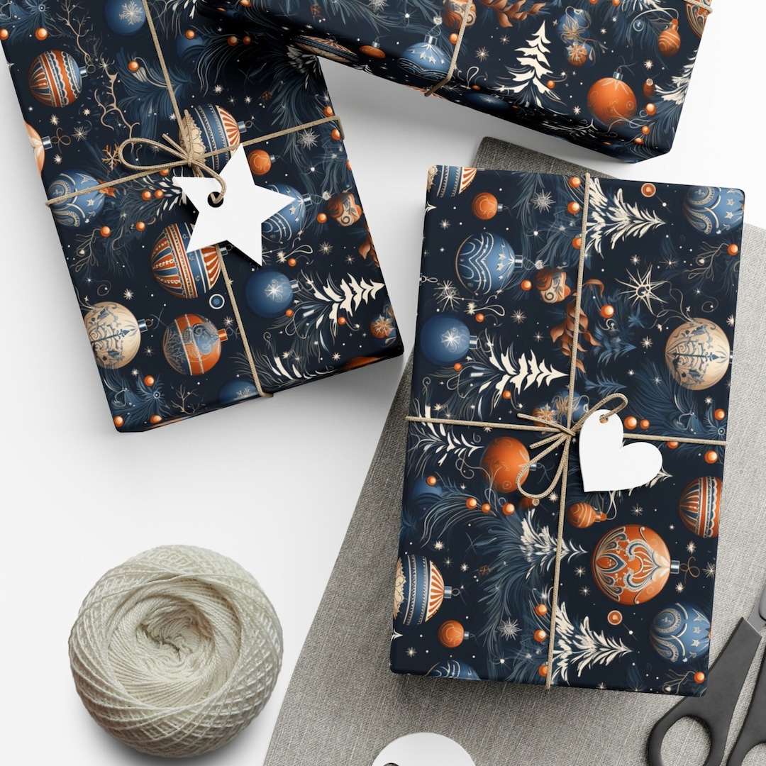 Navy and Orange Christmas Wrapping Paper Vintage Ornament Gift Wrap ...