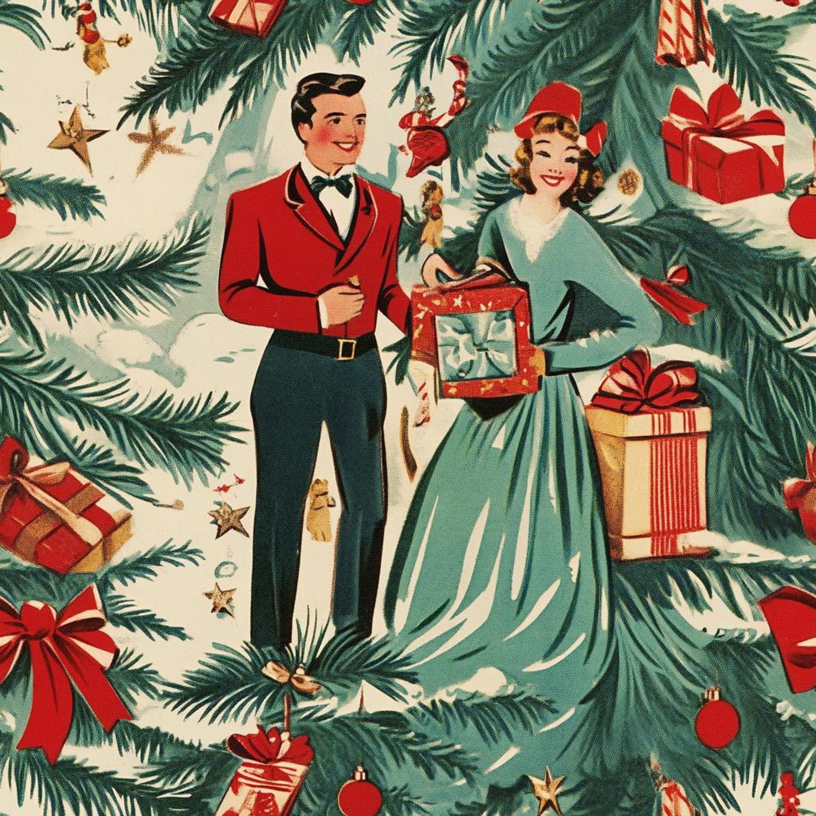 Vintage Christmas Wrapping Paper 1940s Holiday Gift Wrap Retro Paper ...