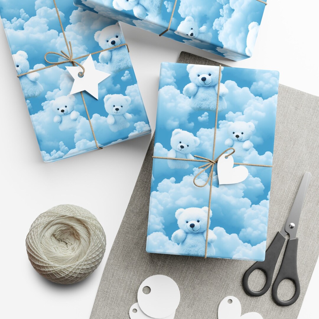 Fluffy Clouds Teddy Bear Gift Wrapping Paper Baby Shower Decor Blue Sky ...