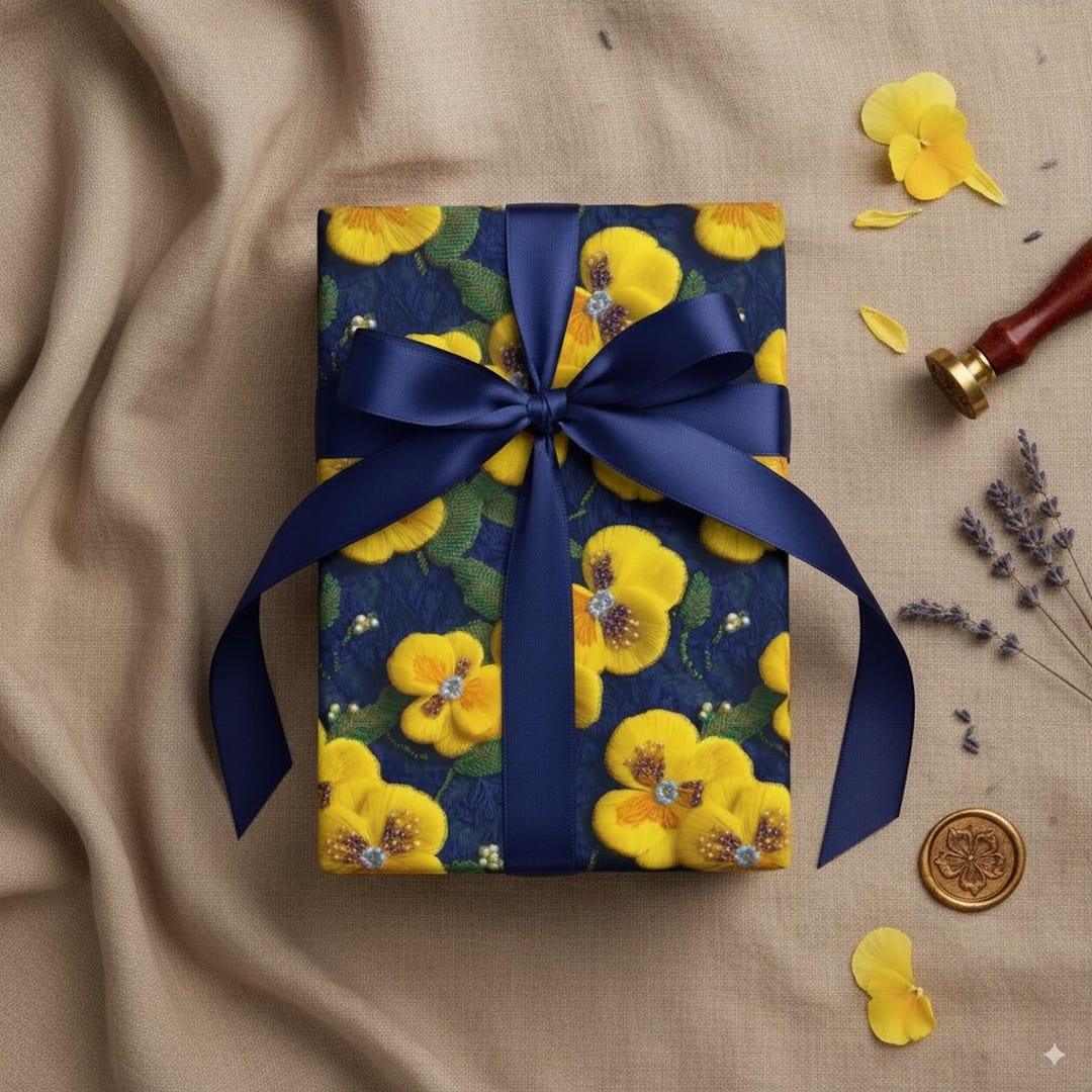 Floral Embroidered Wrapping Paper: Yellow Pansies, Navy Blue Lace - Etsy