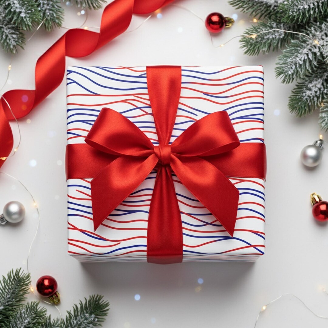 Red Blue Wavy Line Wrapping Paper, Patriotic Gift Wrap Roll, Modern ...