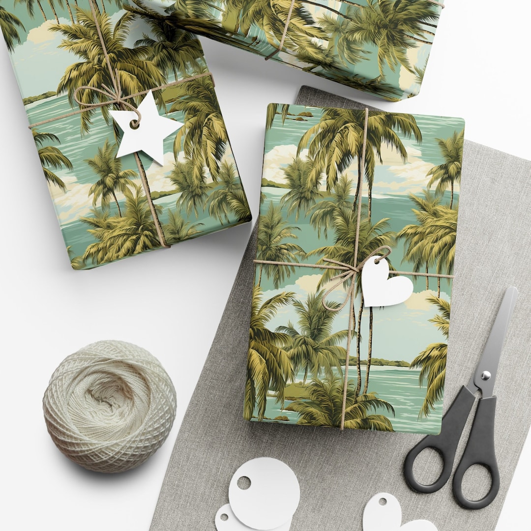 Tropical Beach Palm Tree Wrapping Paper Blue Sky Ocean Water Gift Wrap ...
