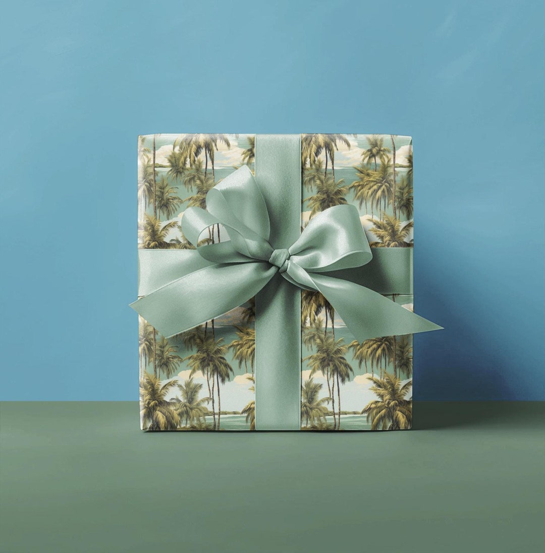 Tropical Beach Palm Tree Wrapping Paper Blue Sky Ocean Water Gift Wrap ...