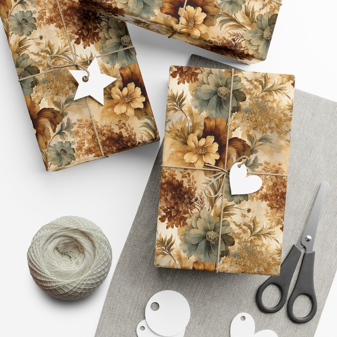 Neutral Floral Gift Wrapping Paper Brown Wrapping Paper Beige Flowers ...