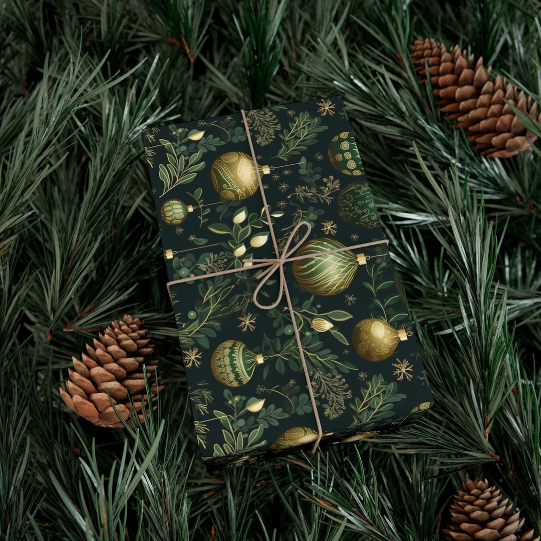 Christmas Wrapping Paper Forest Green Gift Wrap Roll Holiday Ornament ...