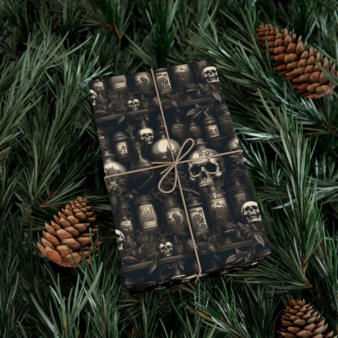 Dark Halloween Wrapping Paper Contemporary Black White Skull Vase ...