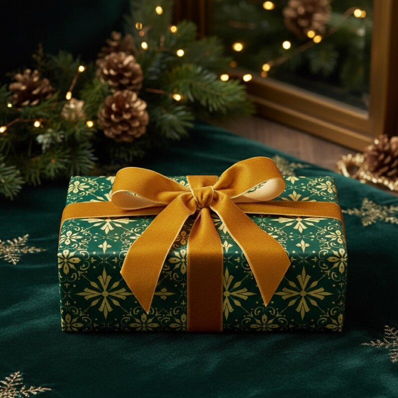 Gold Floral Christmas Wrapping Paper, Green Elegant Holiday Gift Wrap ...