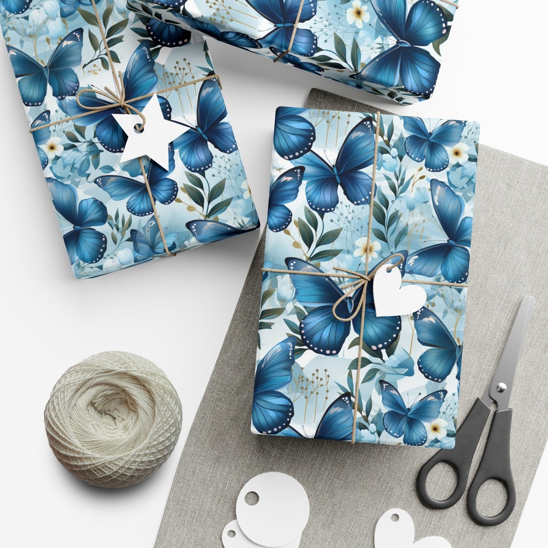 Blue Butterfly Wrapping Paper Floral White Blue Butterflies Gift Wrap ...