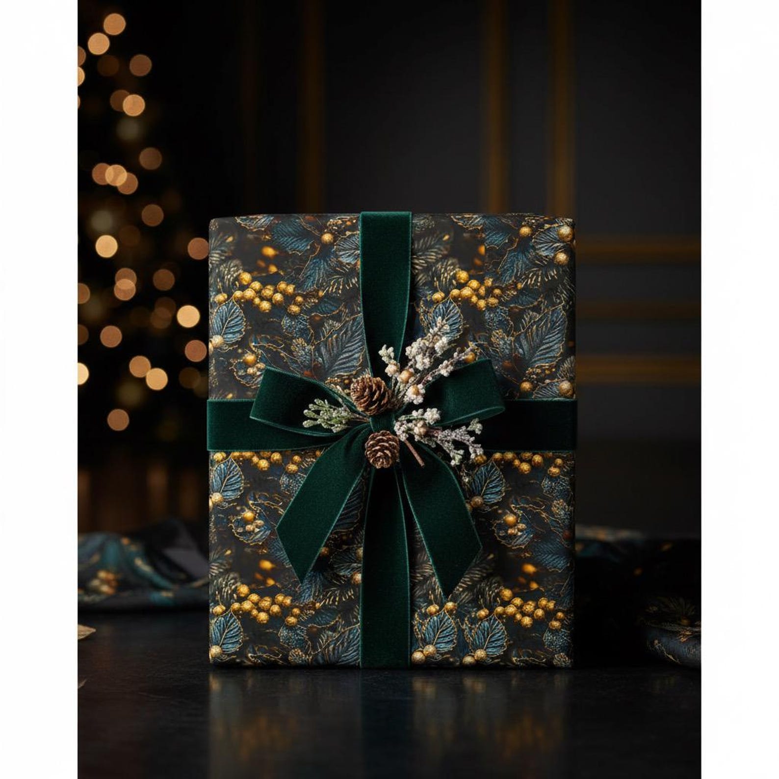 Elegant Holiday Wrapping Paper Christmas Gift Wrap Black Gold Berry ...
