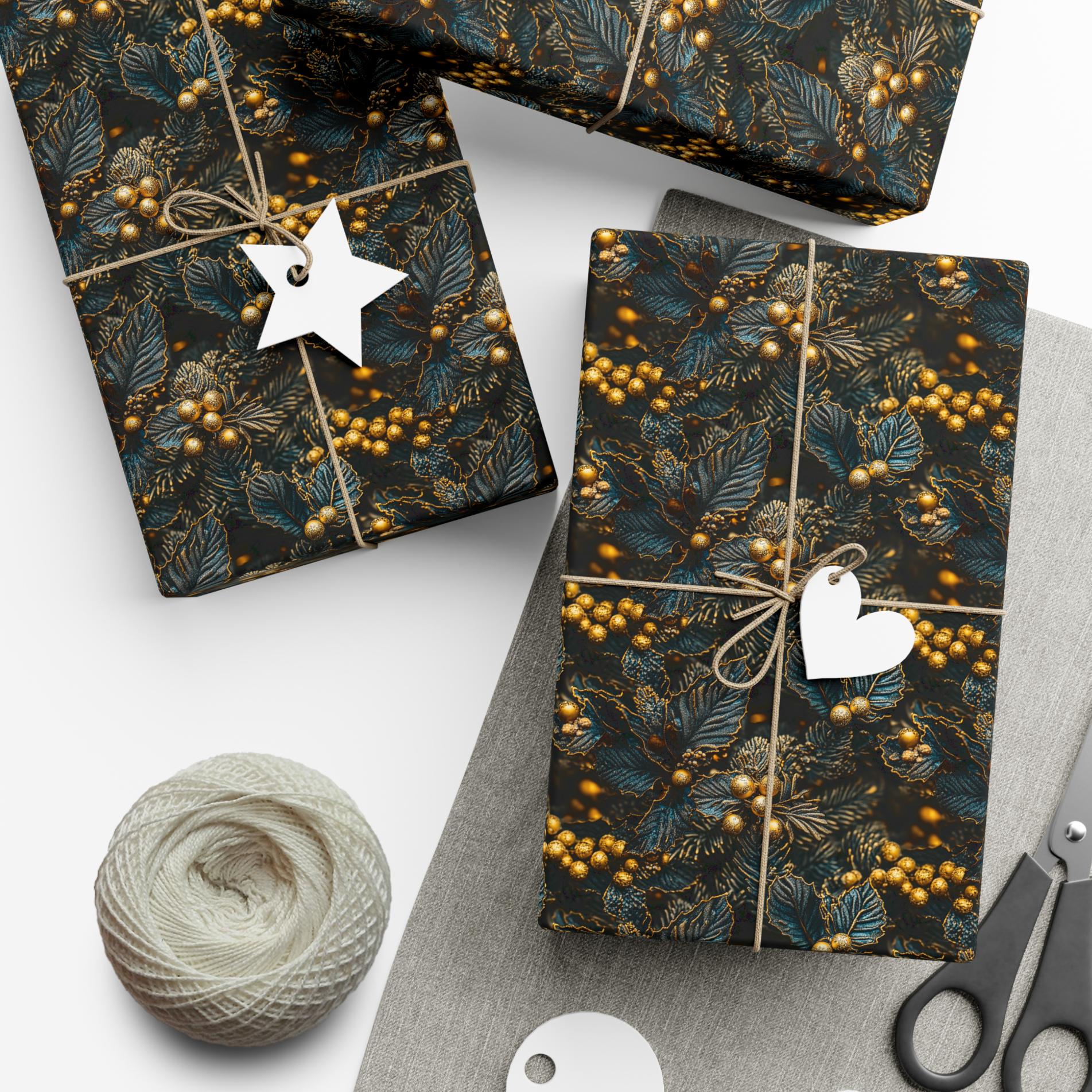 Elegant Holiday Wrapping Paper Christmas Gift Wrap Black Gold Berry ...