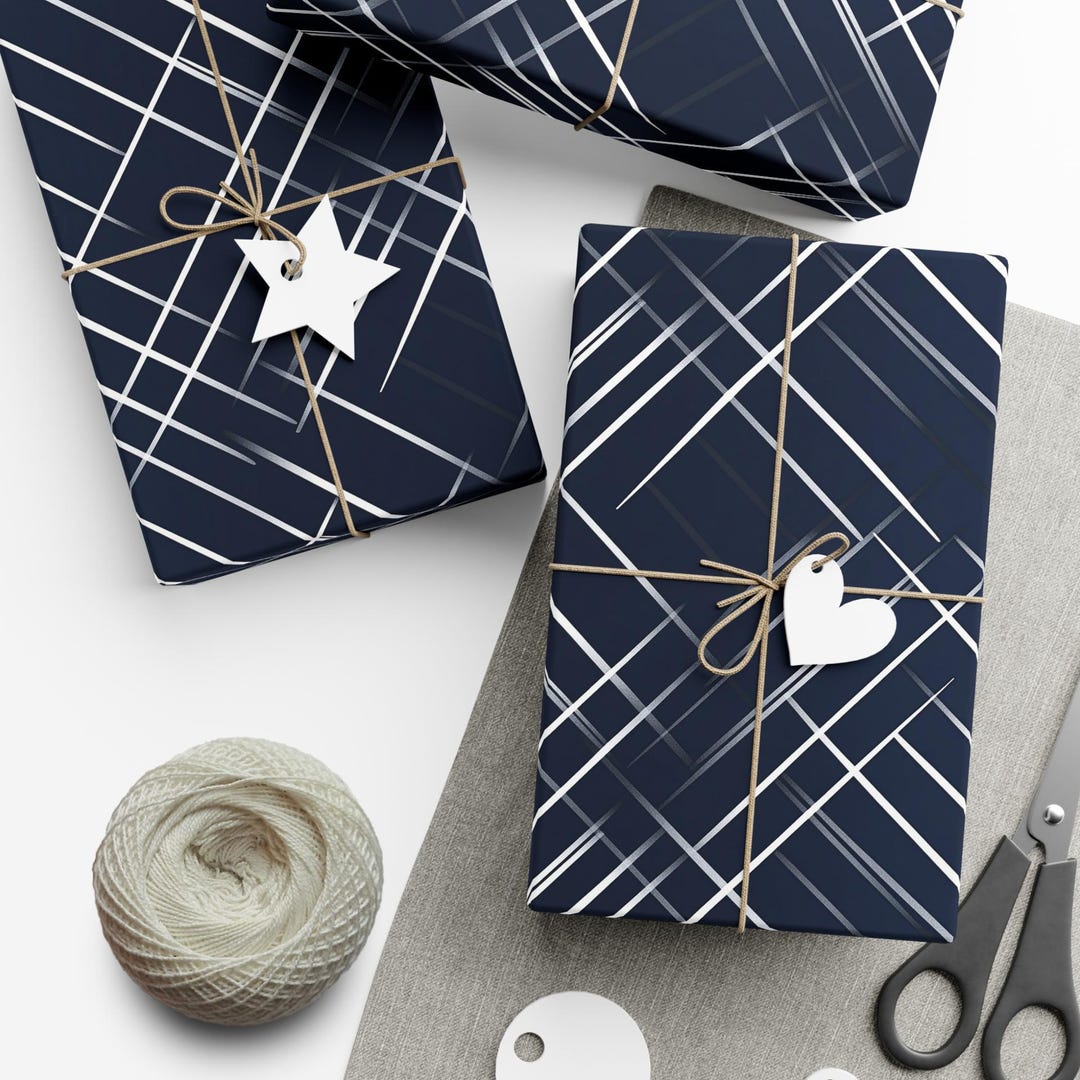 Navy Wrapping Paper Blue Striped Modern Gift Wrap Trendy Line Elegant ...