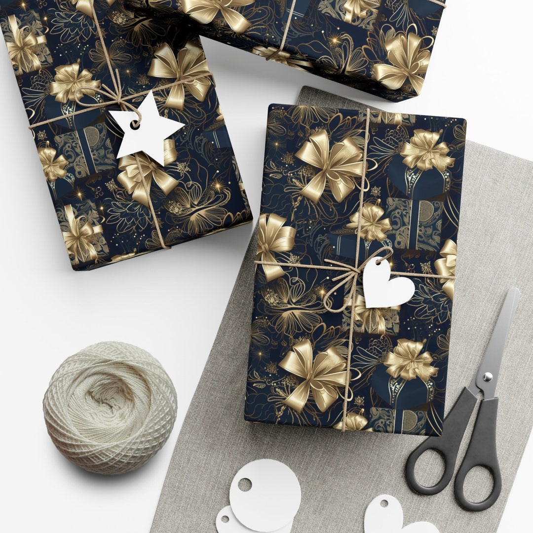 Elegant Navy Wrapping Paper Gold Bow Presents Intricate Gift Wrap Dark ...