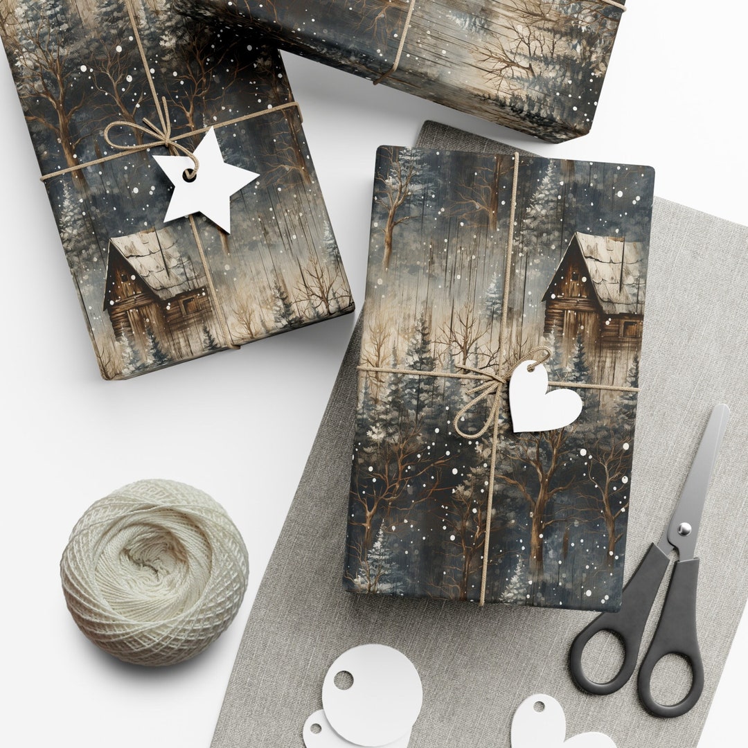 Winter Cabin Wrapping Paper Snow Forest Blue Gift Wrap Christmas ...