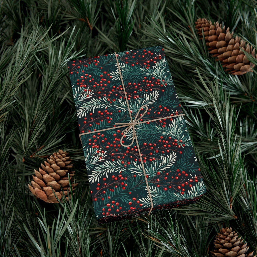Christmas Berries Gift Wrap Paper Forest Green Holiday Print Mistletoe ...