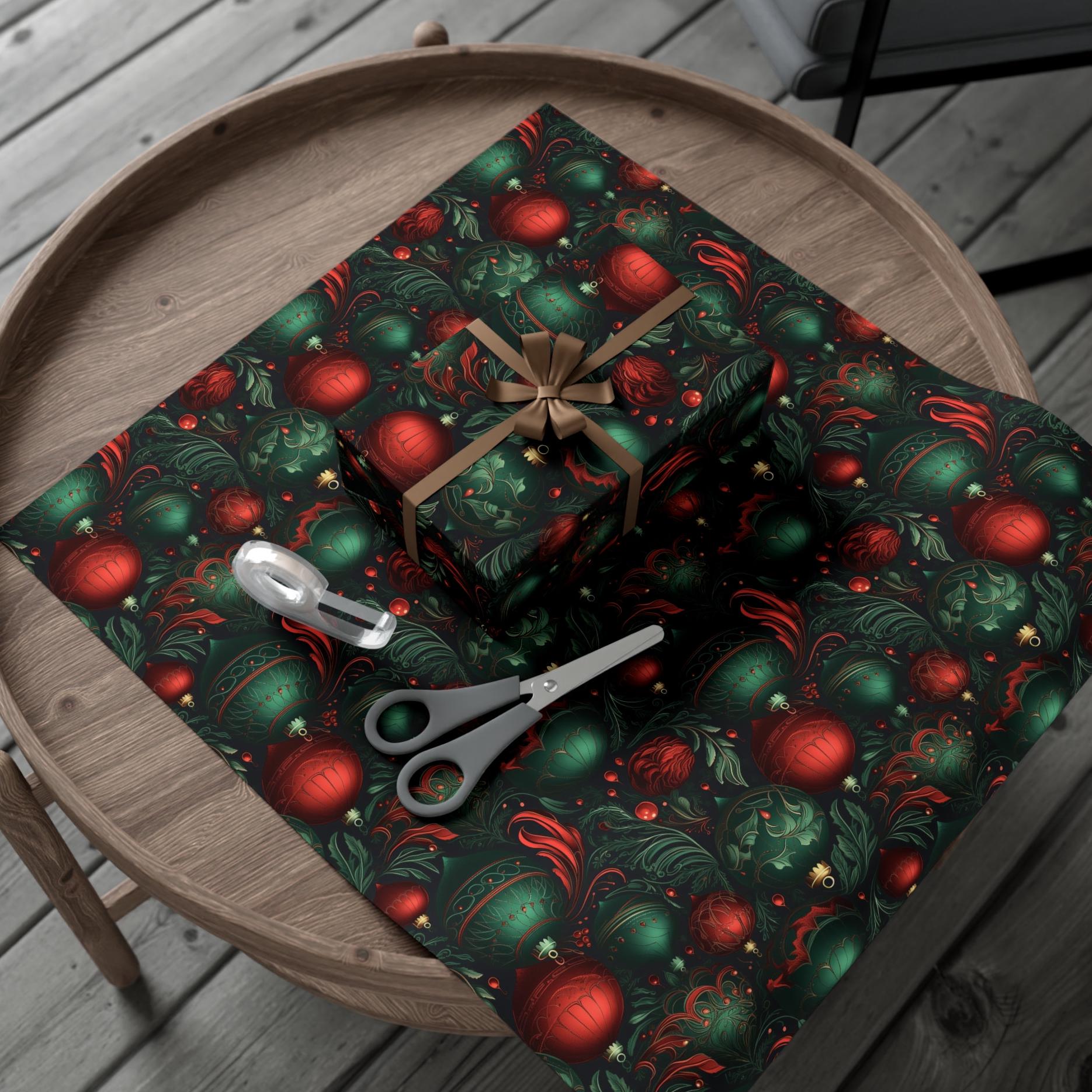 Elegant Christmas Wrapping Paper Dark Festive Ornament Forest Green ...