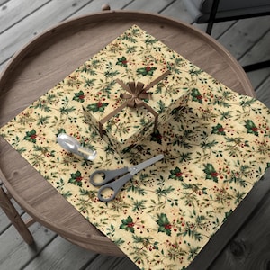 Vintage Holly Berry Wrapping Paper Realistic Leaves Red Berries Festive ...