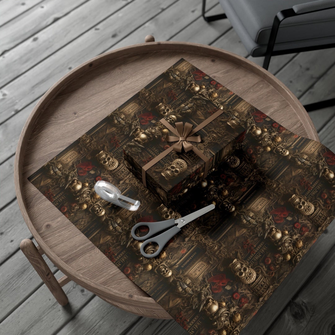 Intricate Skull Wrapping Paper Detailed Black Copper Gold Skull W Red ...